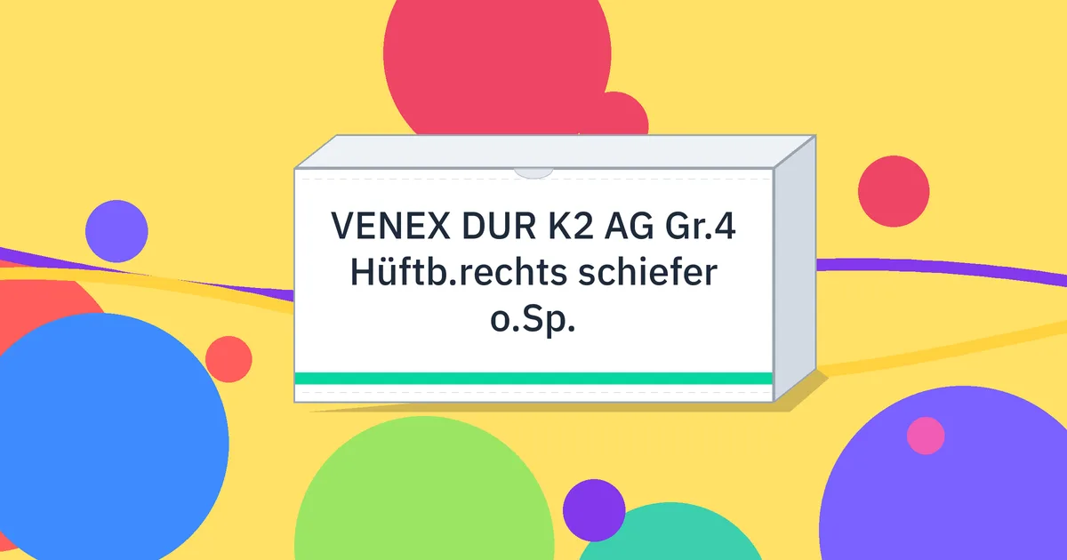 Symbolbild: Packung mit der Aufschrift VENEX DUR K2 AG Gr.4 Hüftb.rechts schiefer o.Sp. (PZN 03233041) – Verfügbarkeit und Bezug in Apotheken in Frankfurt am Main