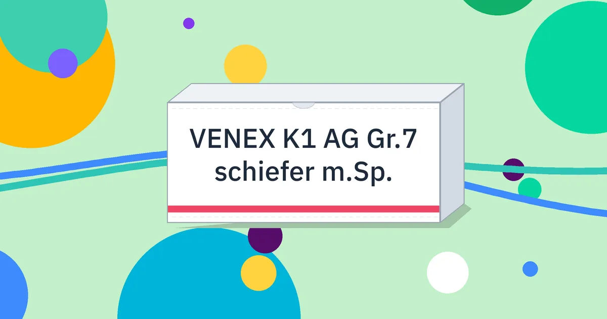 Symbolbild: Packung mit der Aufschrift VENEX K1 AG Gr.7 schiefer m.Sp. (PZN 03187884) – Verfügbarkeit und Bezug in Apotheken in Frankfurt am Main