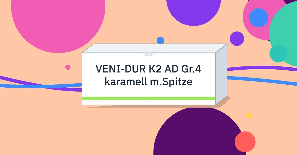 Symbolbild: Packung mit der Aufschrift VENI-DUR K2 AD Gr.4 karamell m.Spitze (PZN 13756202) – Verfügbarkeit und Bezug in Apotheken in Frankfurt am Main
