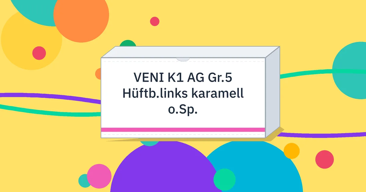 Symbolbild: Packung mit der Aufschrift VENI K1 AG Gr.5 Hüftb.links karamell o.Sp. (PZN 13760296) – Verfügbarkeit und Bezug in Apotheken in Frankfurt am Main
