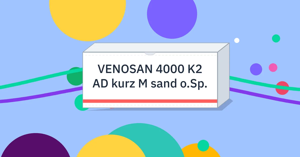 Symbolbild: Packung mit der Aufschrift VENOSAN 4000 K2 AD kurz M sand o.Sp. (PZN 14422420) – Verfügbarkeit und Bezug in Apotheken in Frankfurt am Main