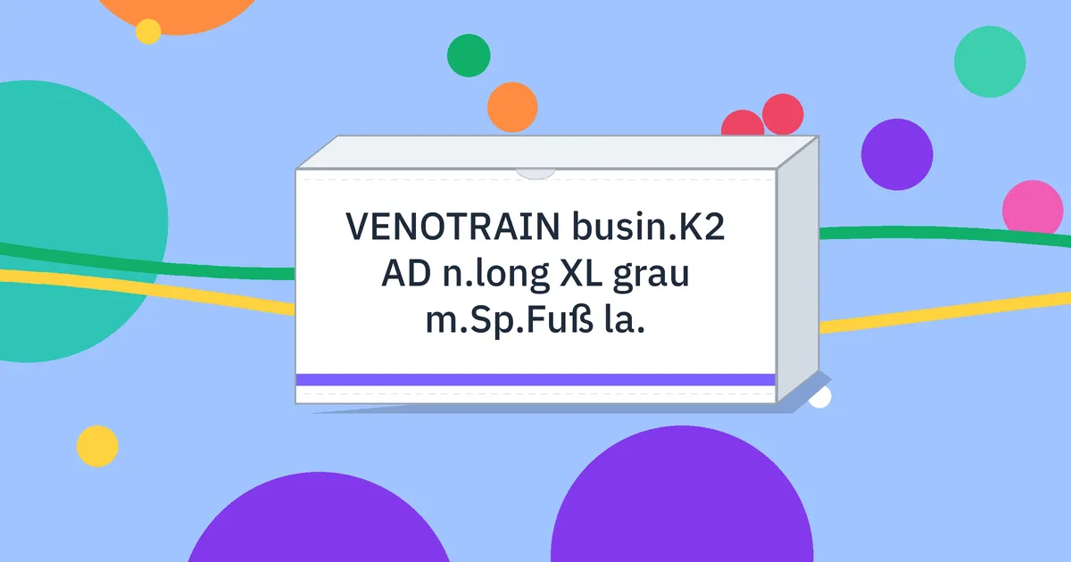 Symbolbild: Packung mit der Aufschrift VENOTRAIN busin.K2 AD n.long XL grau m.Sp.Fuß la. (PZN 19056842) – Verfügbarkeit und Bezug in Apotheken in Frankfurt am Main