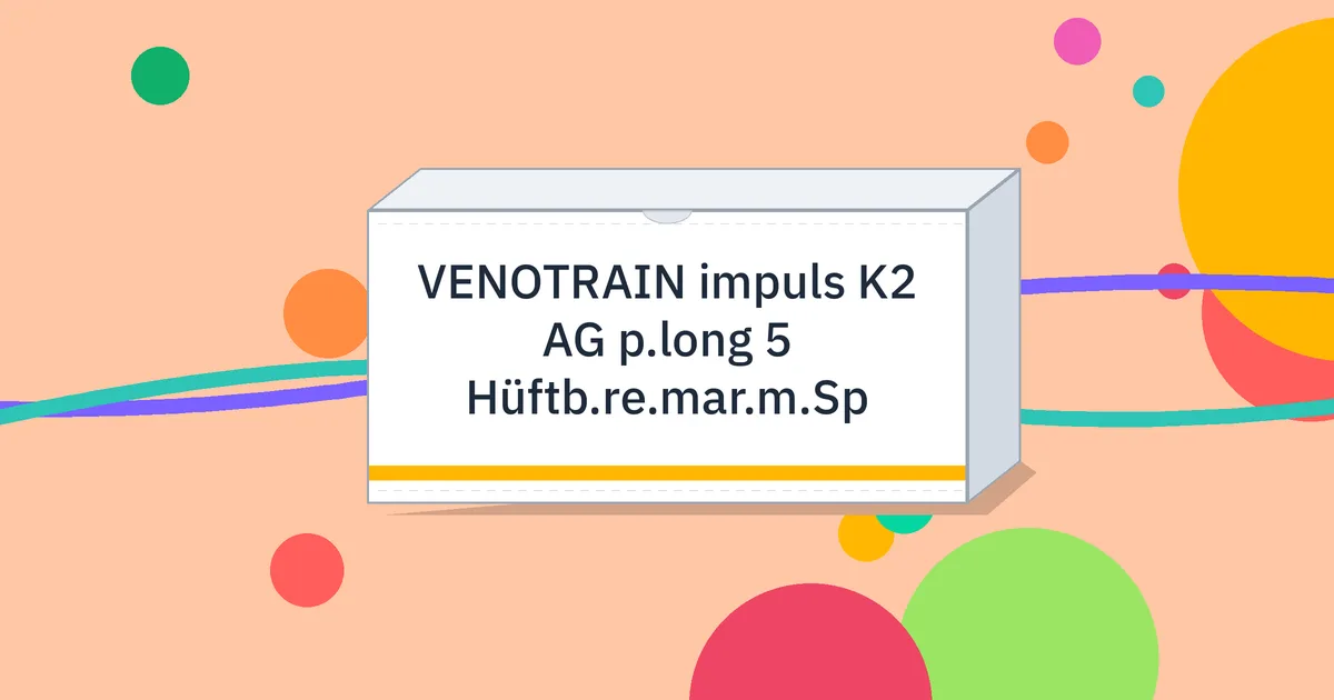 Symbolbild: Packung mit der Aufschrift VENOTRAIN impuls K2 AG p.long 5 Hüftb.re.mar.m.Sp (PZN 15216645) – Verfügbarkeit und Bezug in Apotheken in Frankfurt am Main