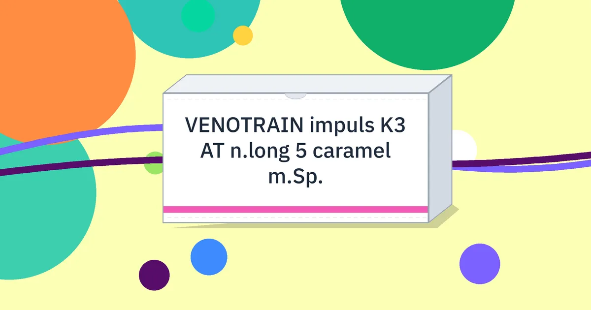 Symbolbild: Packung mit der Aufschrift VENOTRAIN impuls K3 AT n.long 5 caramel m.Sp. (PZN 19354982) – Verfügbarkeit und Bezug in Apotheken in Frankfurt am Main