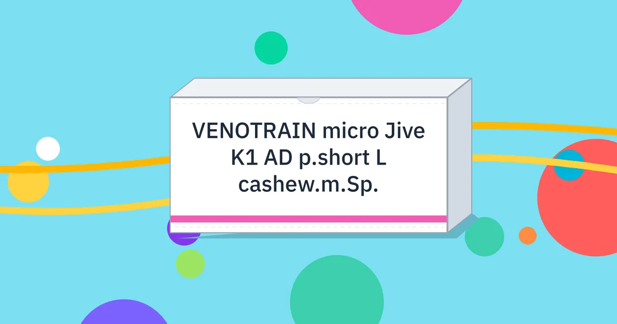 Symbolbild: Packung mit der Aufschrift VENOTRAIN micro Jive K1 AD p.short L cashew.m.Sp. (PZN 20768298) – Verfügbarkeit und Bezug in Apotheken in Frankfurt am Main