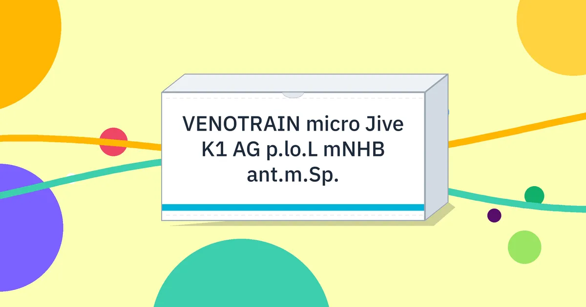 Symbolbild: Packung mit der Aufschrift VENOTRAIN micro Jive K1 AG p.lo.L mNHB ant.m.Sp. (PZN 17761134) – Verfügbarkeit und Bezug in Apotheken in Frankfurt am Main