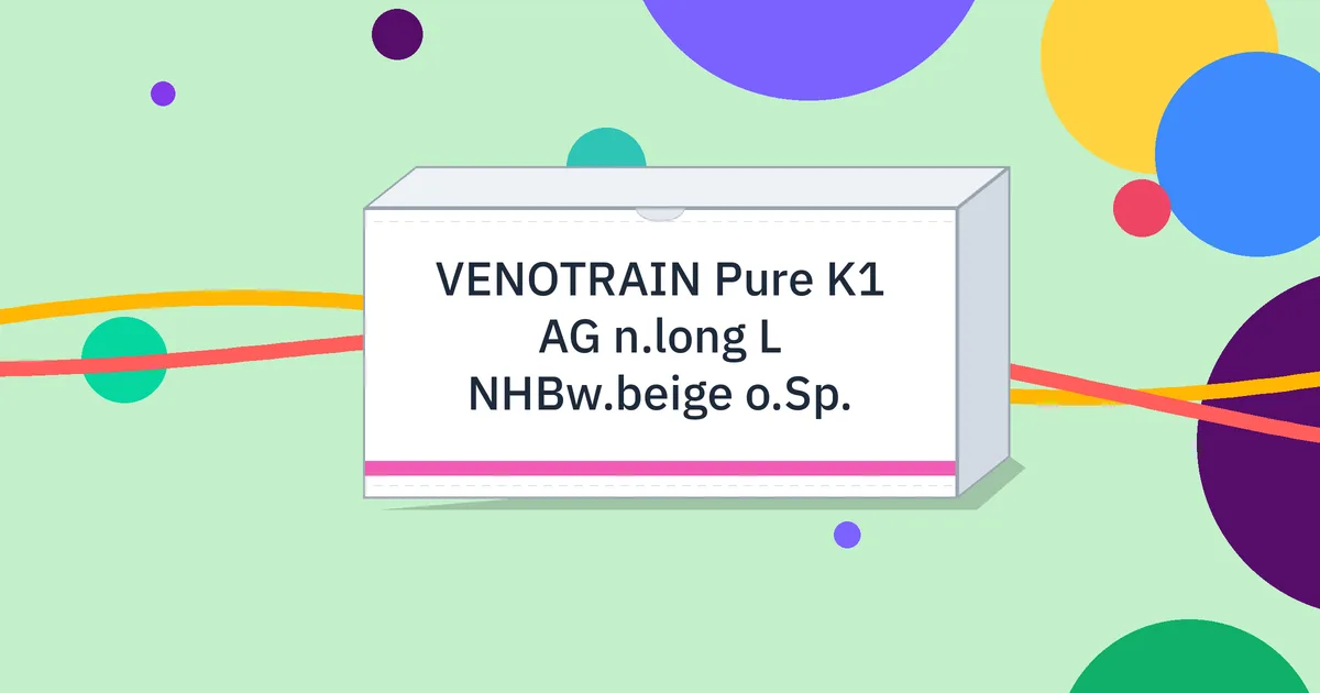 Symbolbild: Packung mit der Aufschrift VENOTRAIN Pure K1 AG n.long L NHBw.beige o.Sp. (PZN 18150496) – Verfügbarkeit und Bezug in Apotheken in Frankfurt am Main