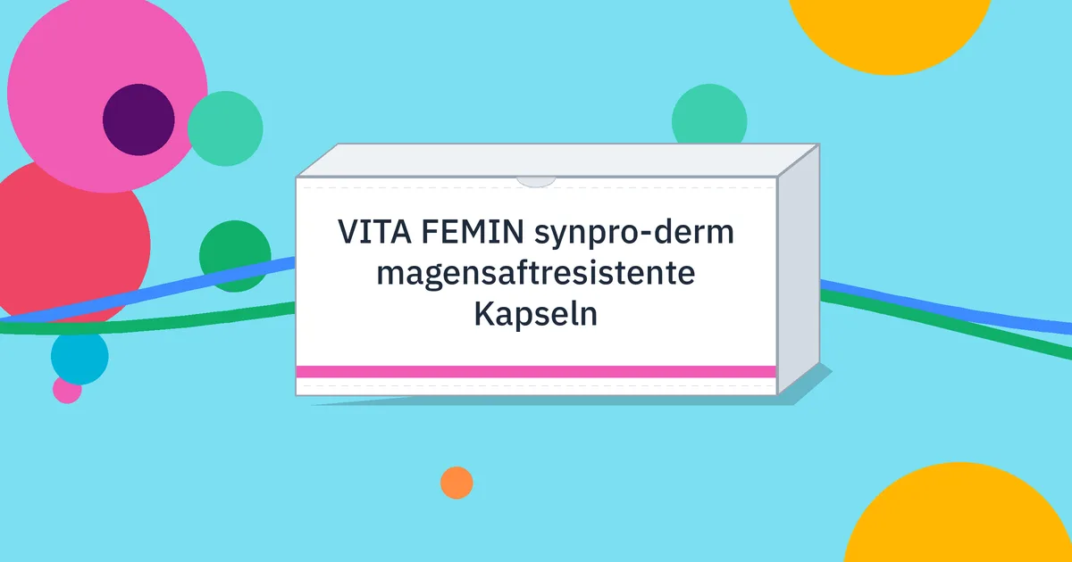 Symbolbild: Packung mit der Aufschrift VITA FEMIN synpro-derm magensaftresistente Kapseln (PZN 18087935) – Verfügbarkeit und Bezug in Apotheken in Frankfurt am Main