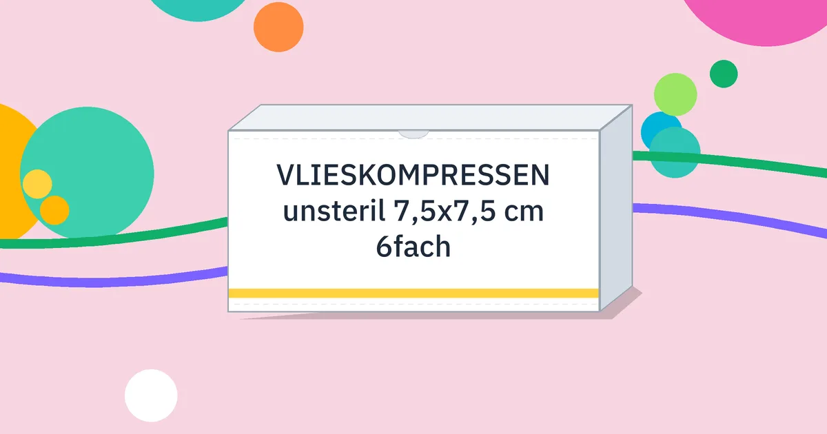 Symbolbild: Packung mit der Aufschrift VLIESKOMPRESSEN unsteril 7,5x7,5 cm 6fach (PZN 04808058) – Verfügbarkeit und Bezug in Apotheken in Frankfurt am Main