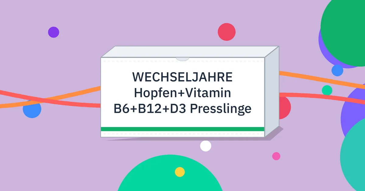 Symbolbild: Packung mit der Aufschrift WECHSELJAHRE Hopfen+Vitamin B6+B12+D3 Presslinge (PZN 17578430) – Verfügbarkeit und Bezug in Apotheken in Frankfurt am Main