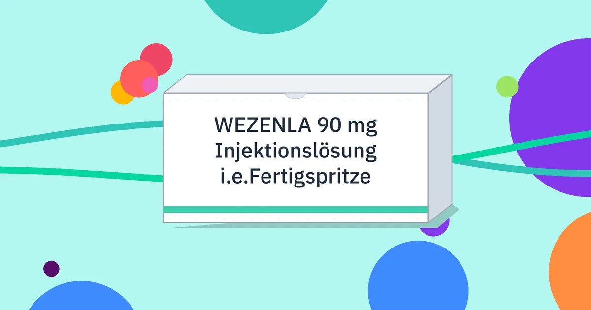 Symbolbild: Packung mit der Aufschrift WEZENLA 90 mg Injektionslösung i.e.Fertigspritze (PZN 20789283) – Verfügbarkeit und Bezug in Apotheken in Frankfurt am Main