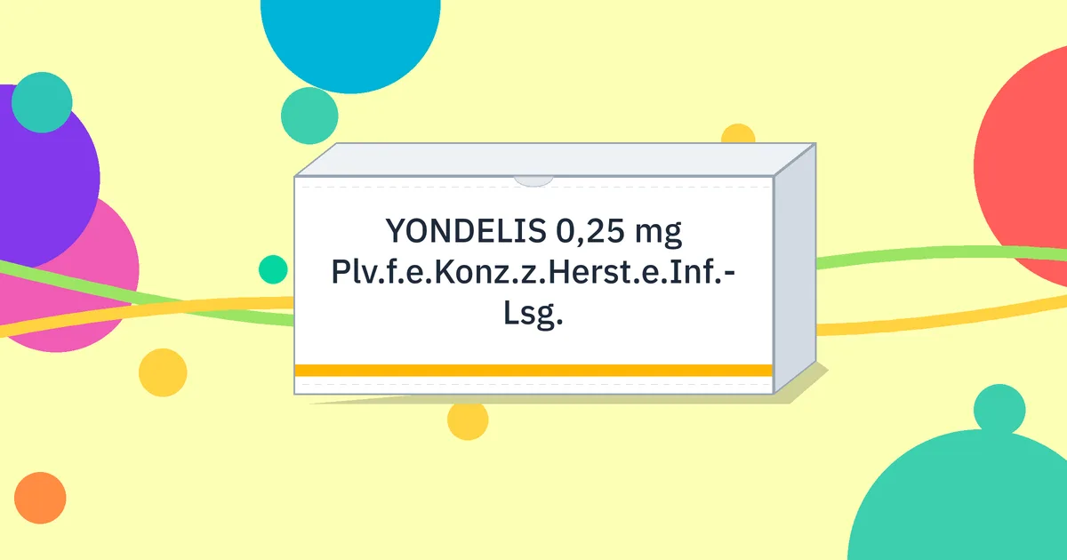 Symbolbild: Packung mit der Aufschrift YONDELIS 0,25 mg Plv.f.e.Konz.z.Herst.e.Inf.-Lsg. (PZN 19485230) – Verfügbarkeit und Bezug in Apotheken in Frankfurt am Main