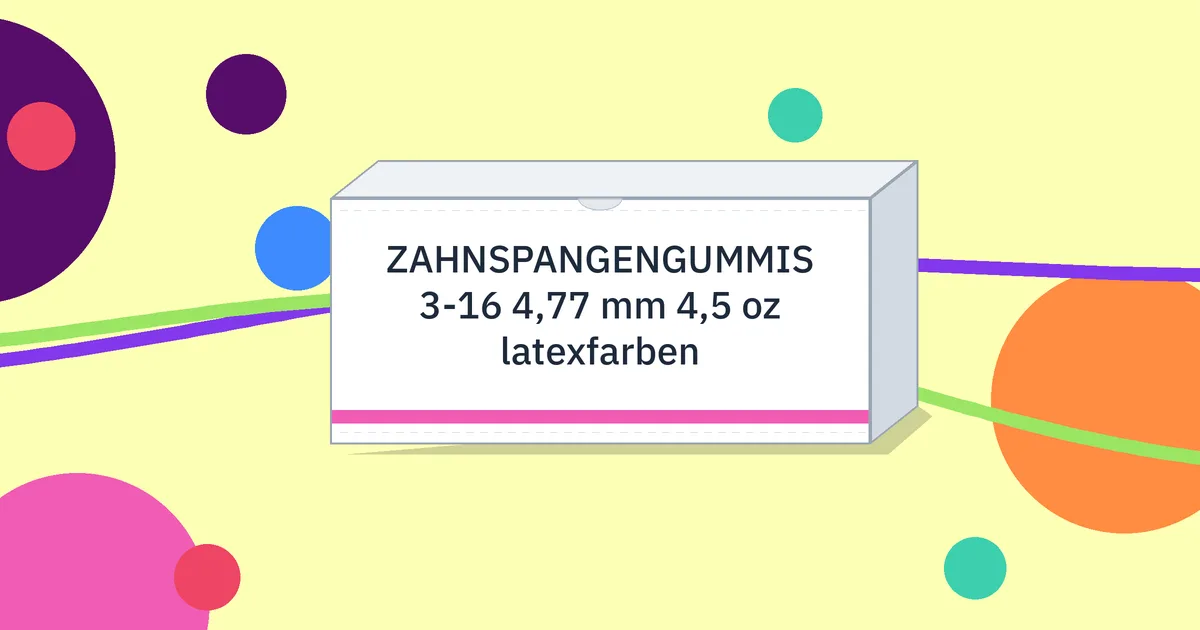 Symbolbild: Packung mit der Aufschrift ZAHNSPANGENGUMMIS 3-16 4,77 mm 4,5 oz latexfarben (PZN 19857826) – Verfügbarkeit und Bezug in Apotheken in Frankfurt am Main