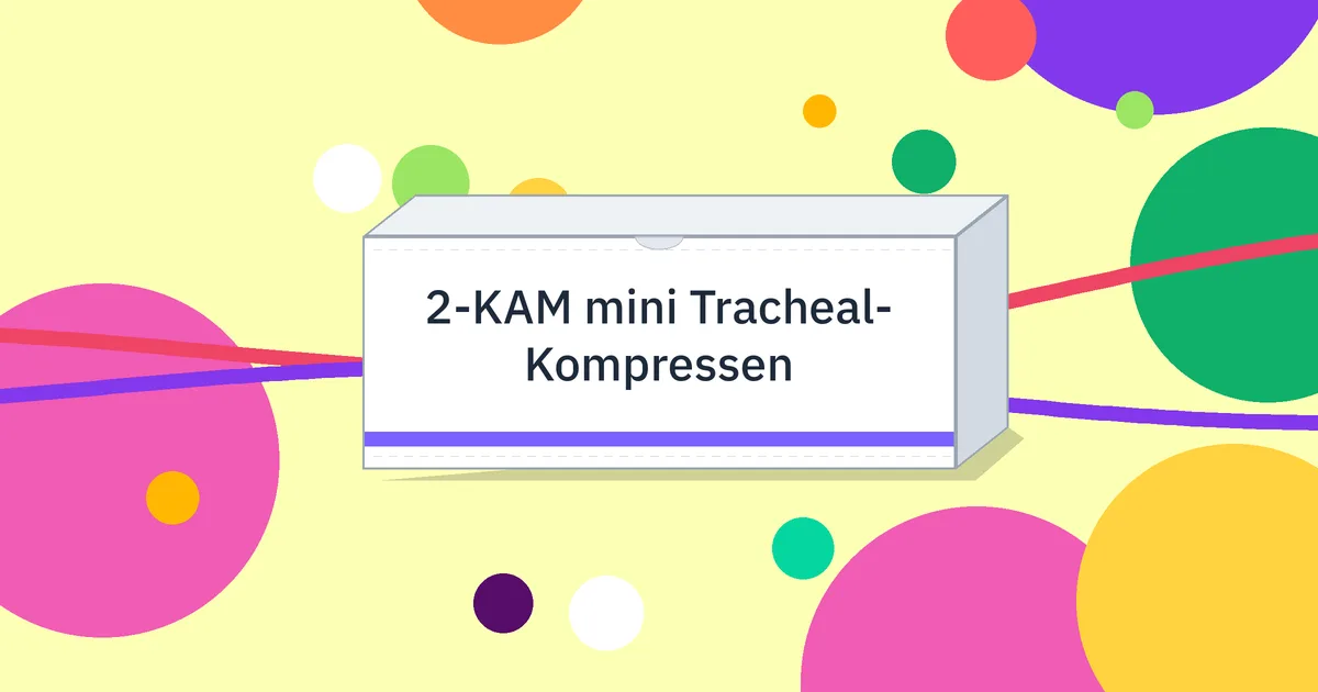 Symbolbild: Packung mit der Aufschrift 2-KAM mini Tracheal-Kompressen (PZN 02291438) – Verfügbarkeit und Bezug in Apotheken in Frankfurt am Main