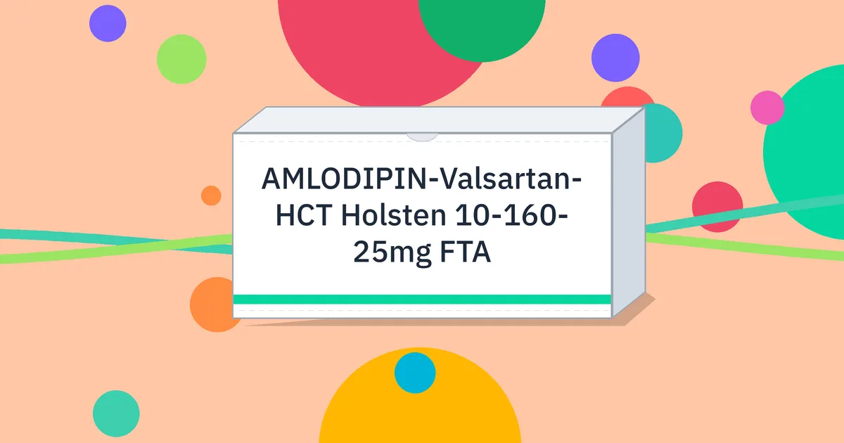 Symbolbild: Packung mit der Aufschrift AMLODIPIN-Valsartan-HCT Holsten 10-160-25mg FTA (PZN 17887935) – Verfügbarkeit und Bezug in Apotheken in Frankfurt am Main