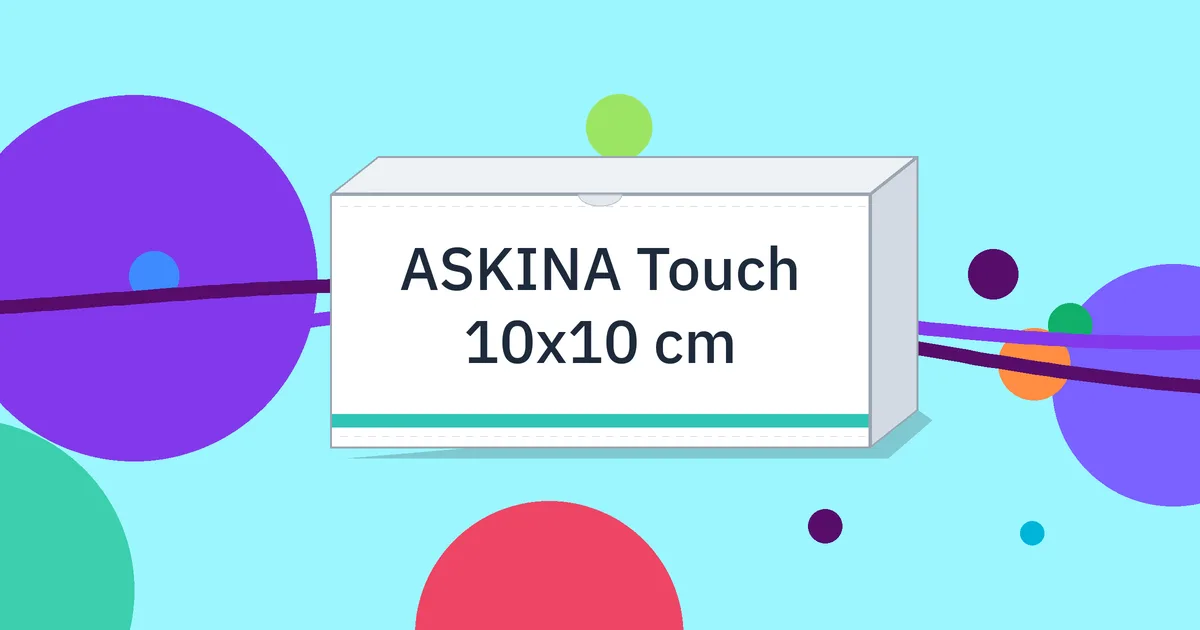 Symbolbild: Packung mit der Aufschrift ASKINA Touch 10x10 cm (PZN 10987697) – Verfügbarkeit und Bezug in Apotheken in Frankfurt am Main