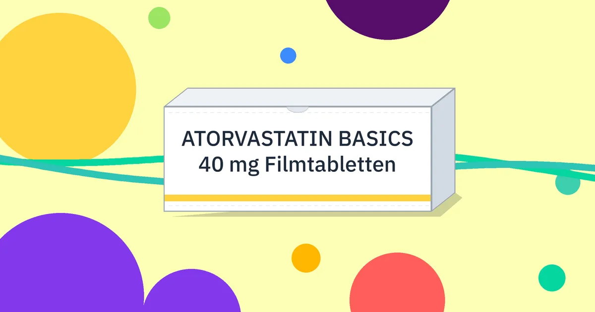 Symbolbild: Packung mit der Aufschrift ATORVASTATIN BASICS 40 mg Filmtabletten (PZN 00524281) – Verfügbarkeit und Bezug in Apotheken in Frankfurt am Main
