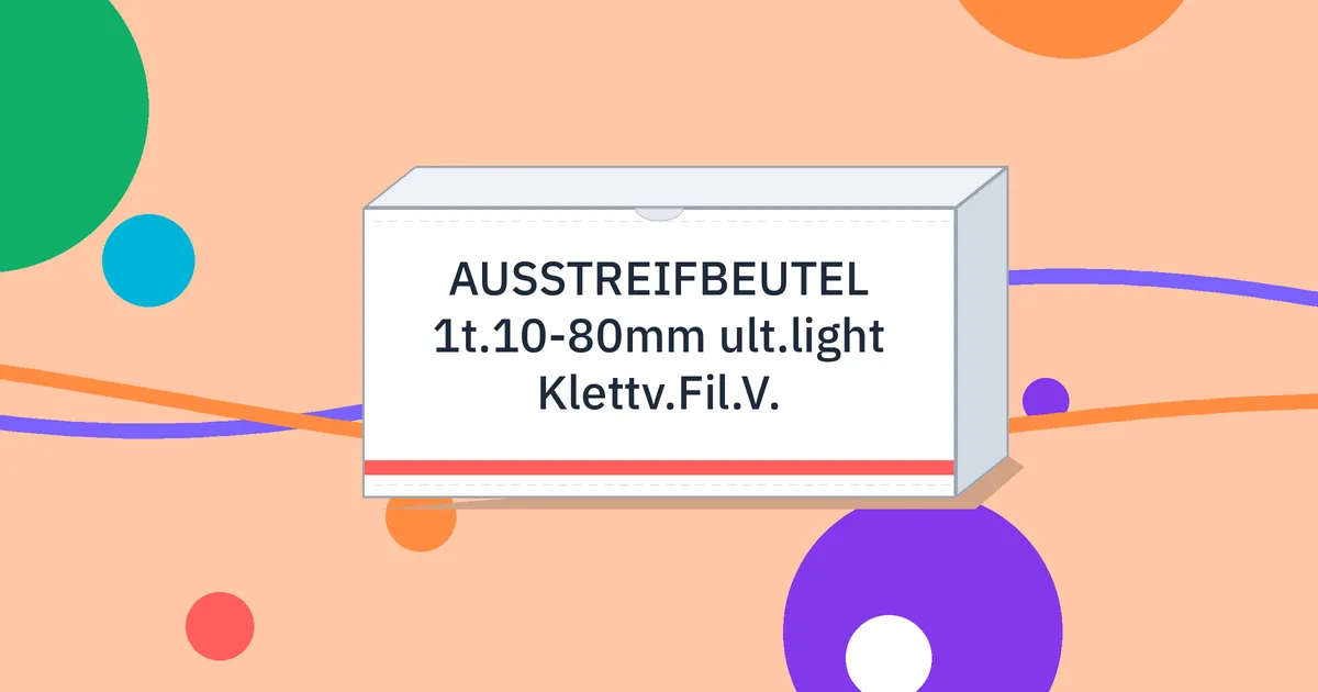 Symbolbild: Packung mit der Aufschrift AUSSTREIFBEUTEL 1t.10-80mm ult.light Klettv.Fil.V. (PZN 11655141) – Verfügbarkeit und Bezug in Apotheken in Frankfurt am Main