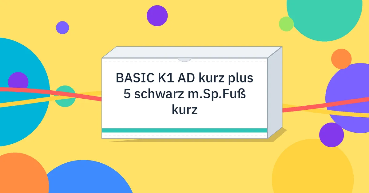 Symbolbild: Packung mit der Aufschrift BASIC K1 AD kurz plus 5 schwarz m.Sp.Fuß kurz (PZN 20258723) – Verfügbarkeit und Bezug in Apotheken in Frankfurt am Main