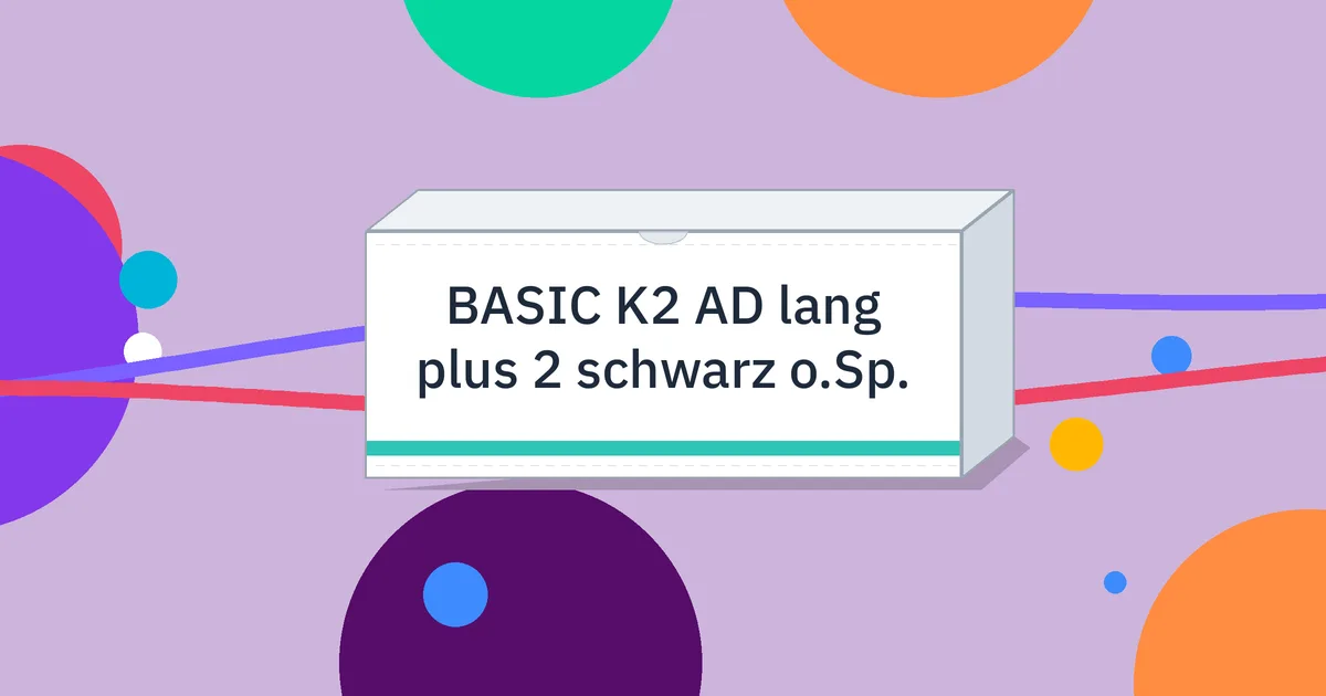 Symbolbild: Packung mit der Aufschrift BASIC K2 AD lang plus 2 schwarz o.Sp. (PZN 20263894) – Verfügbarkeit und Bezug in Apotheken in Frankfurt am Main