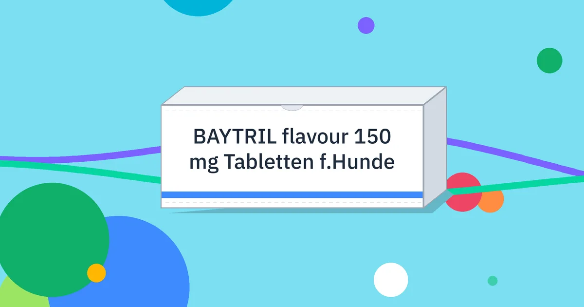 Symbolbild: Packung mit der Aufschrift BAYTRIL flavour 150 mg Tabletten f.Hunde (PZN 03352389) – Verfügbarkeit und Bezug in Apotheken in Frankfurt am Main