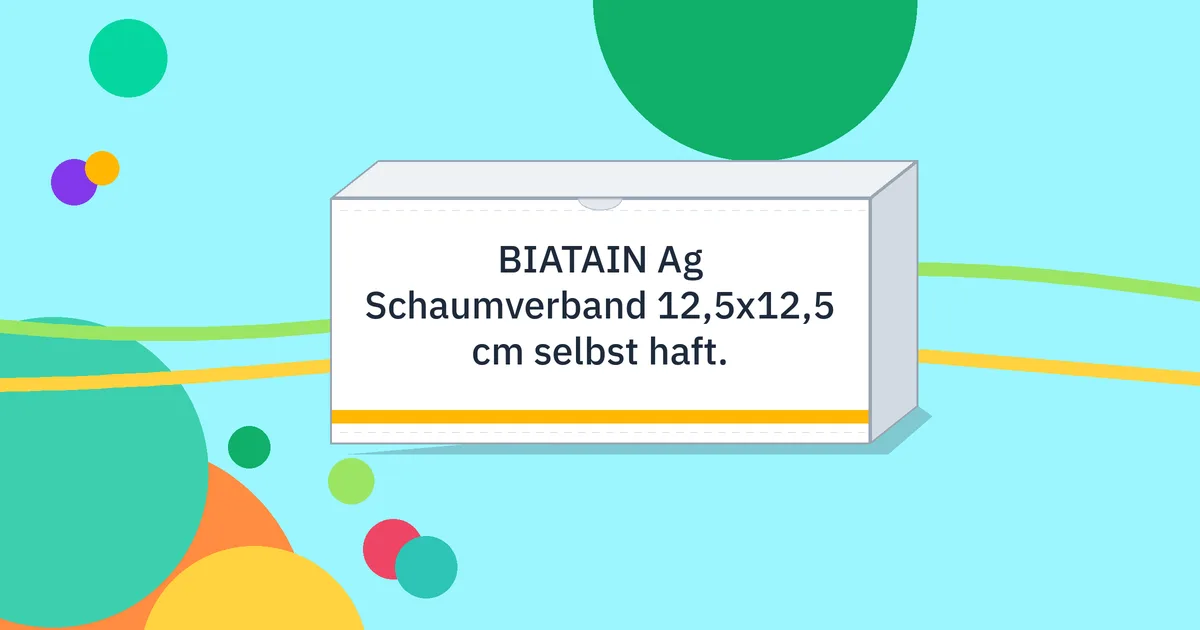 Symbolbild: Packung mit der Aufschrift BIATAIN Ag Schaumverband 12,5x12,5 cm selbst haft. (PZN 09731320) – Verfügbarkeit und Bezug in Apotheken in Frankfurt am Main