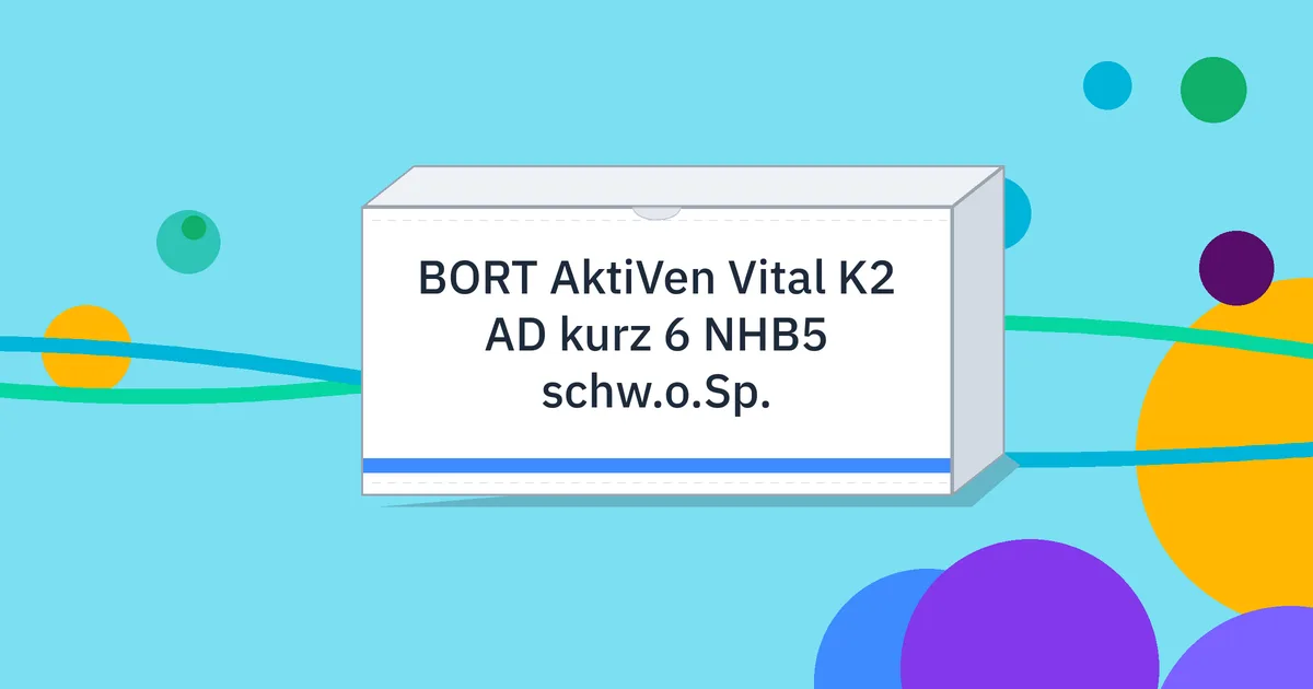Symbolbild: Packung mit der Aufschrift BORT AktiVen Vital K2 AD kurz 6 NHB5 schw.o.Sp. (PZN 17493219) – Verfügbarkeit und Bezug in Apotheken in Frankfurt am Main