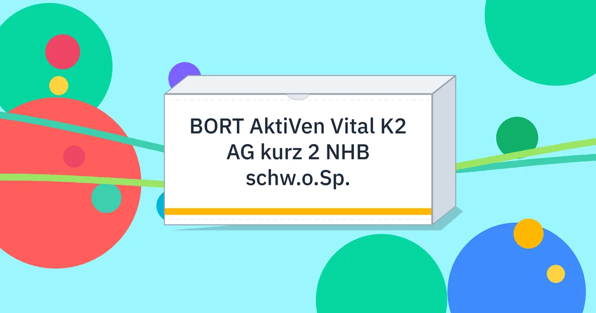 Symbolbild: Packung mit der Aufschrift BORT AktiVen Vital K2 AG kurz 2 NHB schw.o.Sp. (PZN 12384721) – Verfügbarkeit und Bezug in Apotheken in Frankfurt am Main