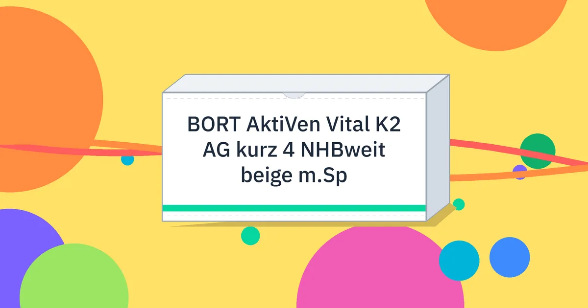 Symbolbild: Packung mit der Aufschrift BORT AktiVen Vital K2 AG kurz 4 NHBweit beige m.Sp (PZN 13732012) – Verfügbarkeit und Bezug in Apotheken in Frankfurt am Main