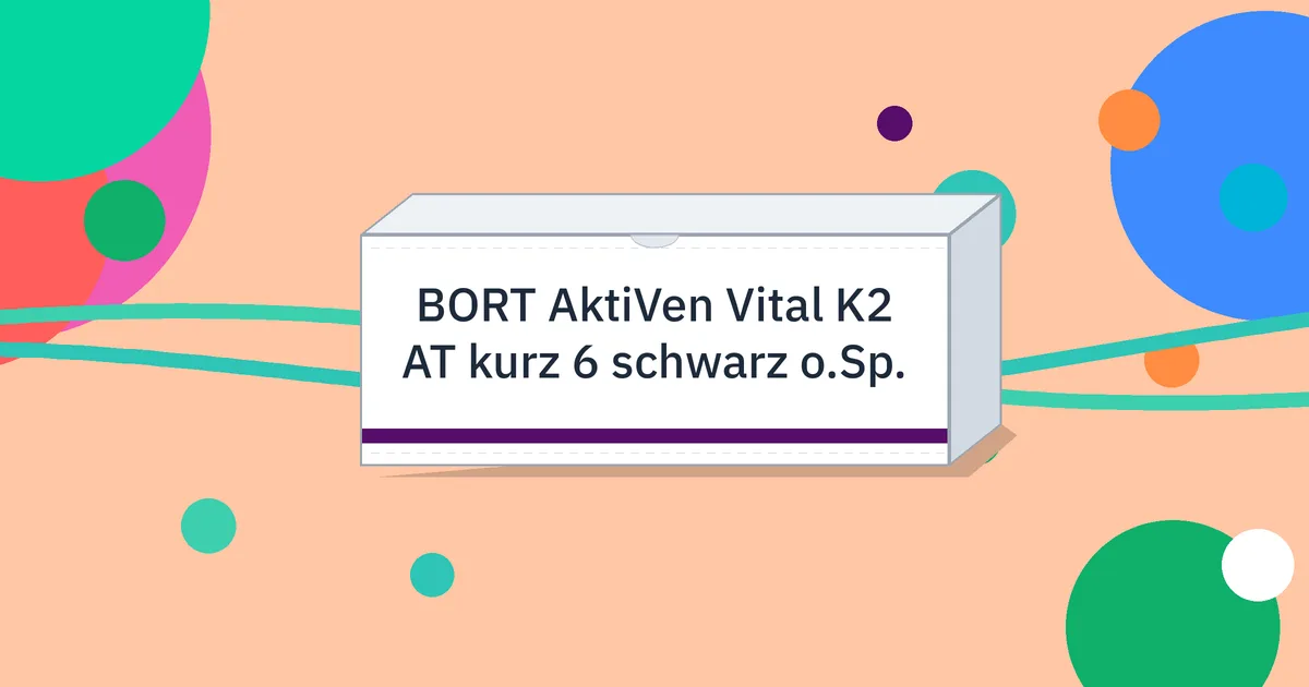 Symbolbild: Packung mit der Aufschrift BORT AktiVen Vital K2 AT kurz 6 schwarz o.Sp. (PZN 13740448) – Verfügbarkeit und Bezug in Apotheken in Frankfurt am Main