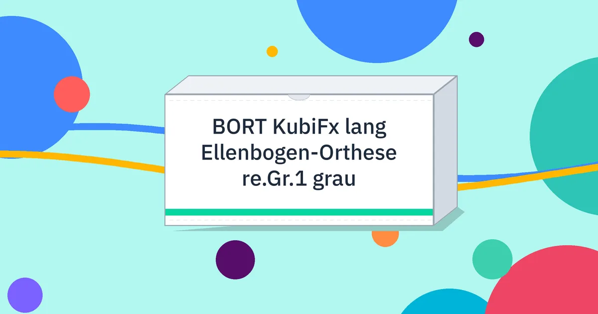 Symbolbild: Packung mit der Aufschrift BORT KubiFx lang Ellenbogen-Orthese re.Gr.1 grau (PZN 18658266) – Verfügbarkeit und Bezug in Apotheken in Frankfurt am Main