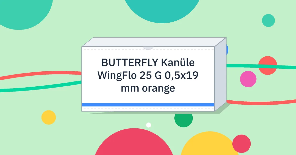 Symbolbild: Packung mit der Aufschrift BUTTERFLY Kanüle WingFlo 25 G 0,5x19 mm orange (PZN 18055013) – Verfügbarkeit und Bezug in Apotheken in Frankfurt am Main