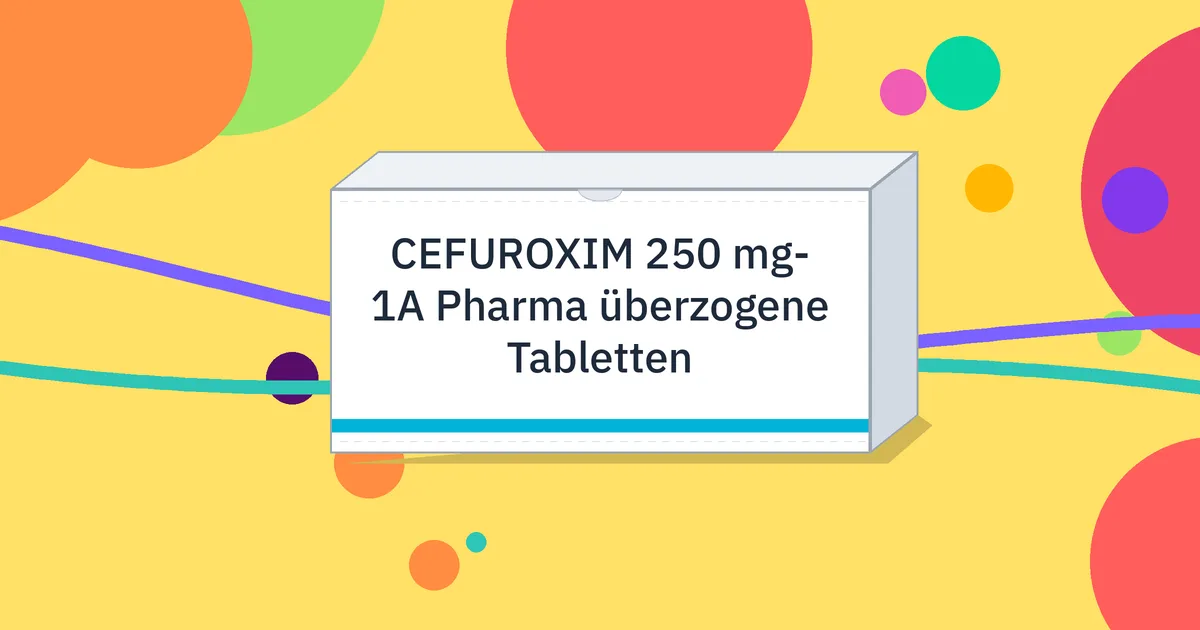 Symbolbild: Packung mit der Aufschrift CEFUROXIM 250 mg-1A Pharma überzogene Tabletten (PZN 00178212) – Verfügbarkeit und Bezug in Apotheken in Frankfurt am Main