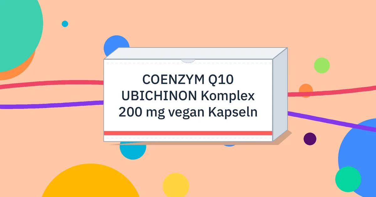 Symbolbild: Packung mit der Aufschrift COENZYM Q10 UBICHINON Komplex 200 mg vegan Kapseln (PZN 18210407) – Verfügbarkeit und Bezug in Apotheken in Frankfurt am Main