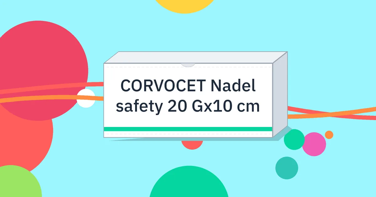 Symbolbild: Packung mit der Aufschrift CORVOCET Nadel safety 20 Gx10 cm (PZN 18764436) – Verfügbarkeit und Bezug in Apotheken in Frankfurt am Main