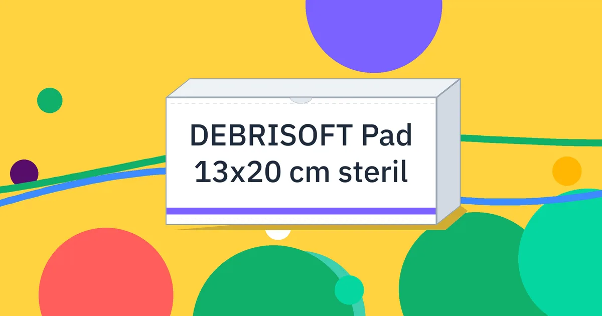 Symbolbild: Packung mit der Aufschrift DEBRISOFT Pad 13x20 cm steril (PZN 19814455) – Verfügbarkeit und Bezug in Apotheken in Frankfurt am Main