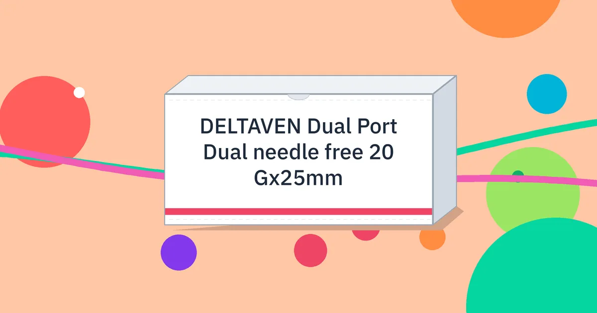 Symbolbild: Packung mit der Aufschrift DELTAVEN Dual Port Dual needle free 20 Gx25mm (PZN 18873800) – Verfügbarkeit und Bezug in Apotheken in Frankfurt am Main