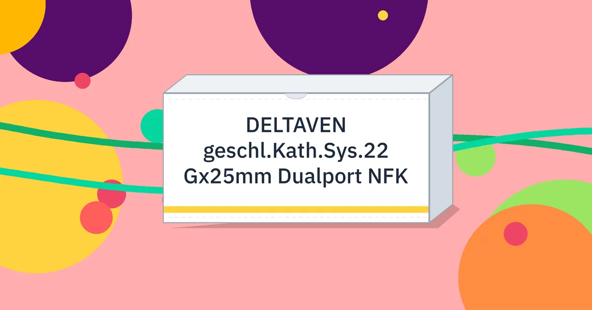 Symbolbild: Packung mit der Aufschrift DELTAVEN geschl.Kath.Sys.22 Gx25mm Dualport NFK (PZN 13977179) – Verfügbarkeit und Bezug in Apotheken in Frankfurt am Main
