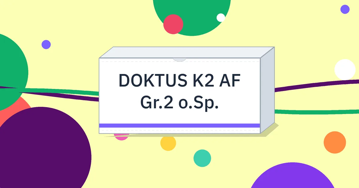 Symbolbild: Packung mit der Aufschrift DOKTUS K2 AF Gr.2 o.Sp. (PZN 03308974) – Verfügbarkeit und Bezug in Apotheken in Frankfurt am Main