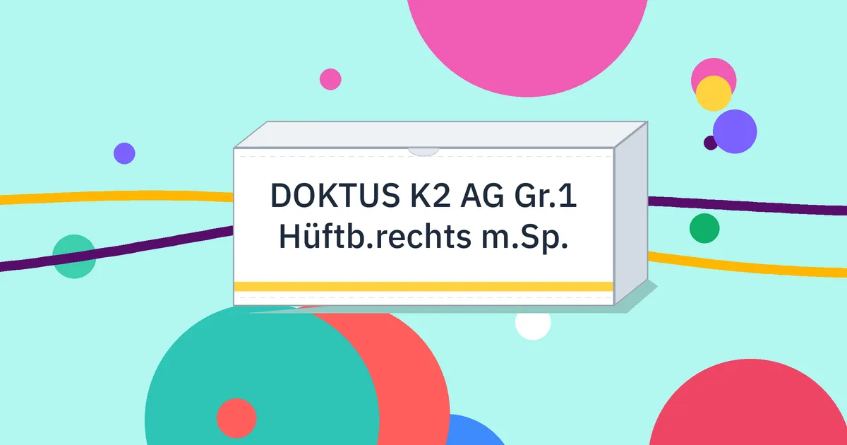 Symbolbild: Packung mit der Aufschrift DOKTUS K2 AG Gr.1 Hüftb.rechts m.Sp. (PZN 03310764) – Verfügbarkeit und Bezug in Apotheken in Frankfurt am Main