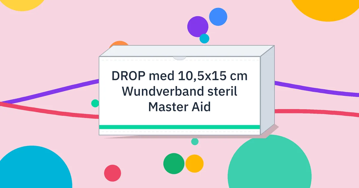 Symbolbild: Packung mit der Aufschrift DROP med 10,5x15 cm Wundverband steril Master Aid (PZN 20111842) – Verfügbarkeit und Bezug in Apotheken in Frankfurt am Main