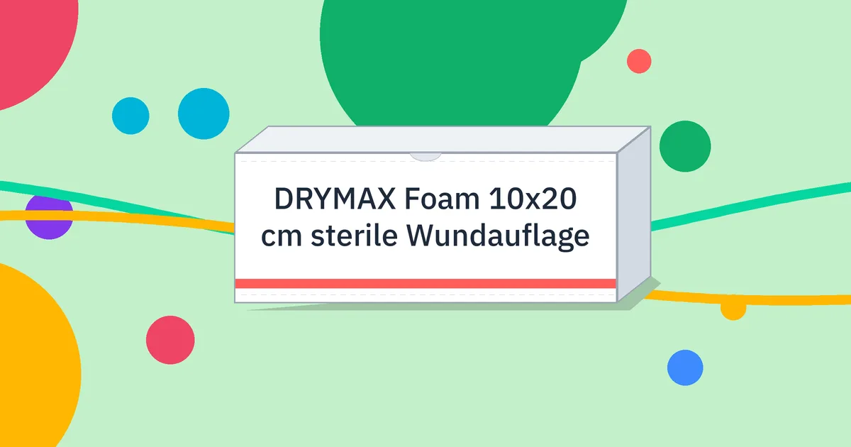 Symbolbild: Packung mit der Aufschrift DRYMAX Foam 10x20 cm sterile Wundauflage (PZN 17377163) – Verfügbarkeit und Bezug in Apotheken in Frankfurt am Main