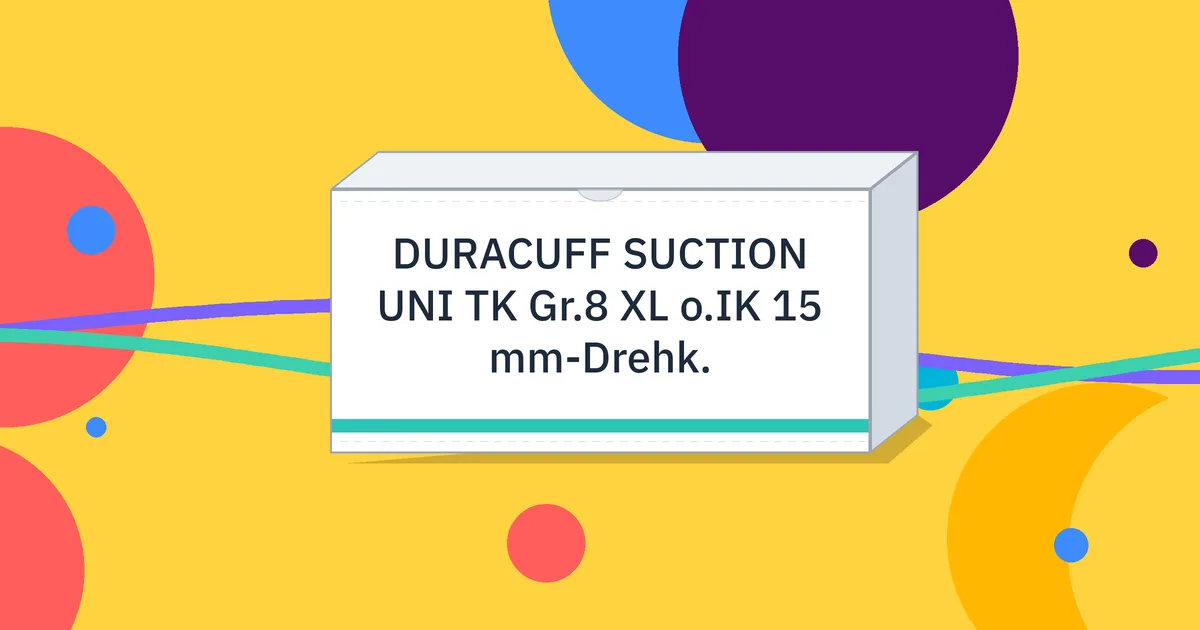 Symbolbild: Packung mit der Aufschrift DURACUFF SUCTION UNI TK Gr.8 XL o.IK 15 mm-Drehk. (PZN 02701994) – Verfügbarkeit und Bezug in Apotheken in Frankfurt am Main