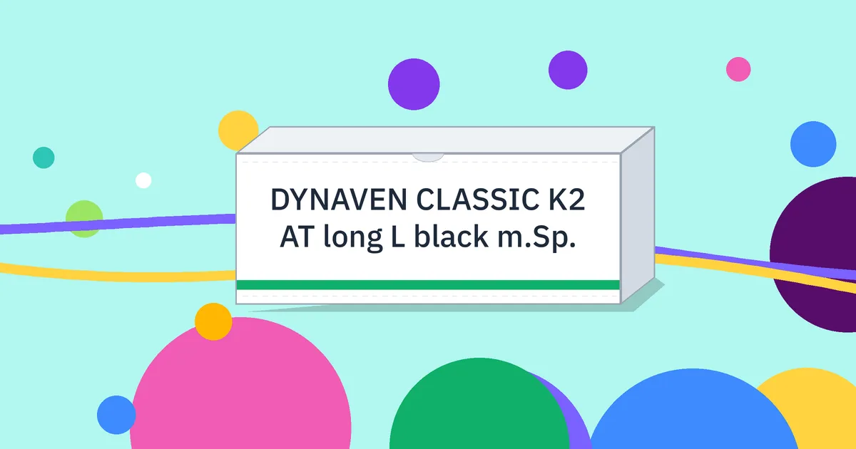 Symbolbild: Packung mit der Aufschrift DYNAVEN CLASSIC K2 AT long L black m.Sp. (PZN 18419194) – Verfügbarkeit und Bezug in Apotheken in Frankfurt am Main