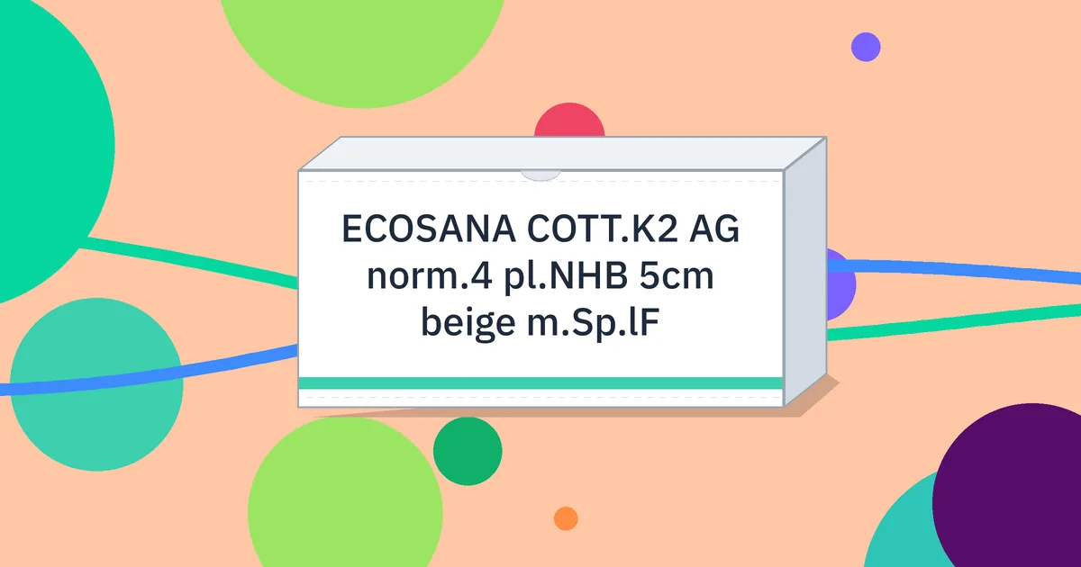 Symbolbild: Packung mit der Aufschrift ECOSANA COTT.K2 AG norm.4 pl.NHB 5cm beige m.Sp.lF (PZN 16949953) – Verfügbarkeit und Bezug in Apotheken in Frankfurt am Main