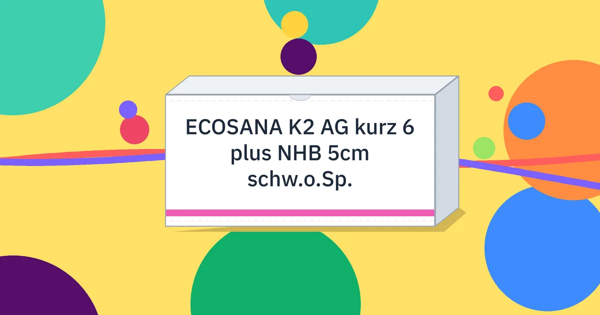 Symbolbild: Packung mit der Aufschrift ECOSANA K2 AG kurz 6 plus NHB 5cm schw.o.Sp. (PZN 01494659) – Verfügbarkeit und Bezug in Apotheken in Frankfurt am Main