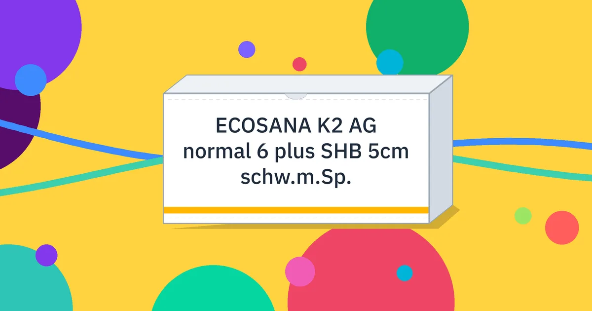 Symbolbild: Packung mit der Aufschrift ECOSANA K2 AG normal 6 plus SHB 5cm schw.m.Sp. (PZN 01494056) – Verfügbarkeit und Bezug in Apotheken in Frankfurt am Main