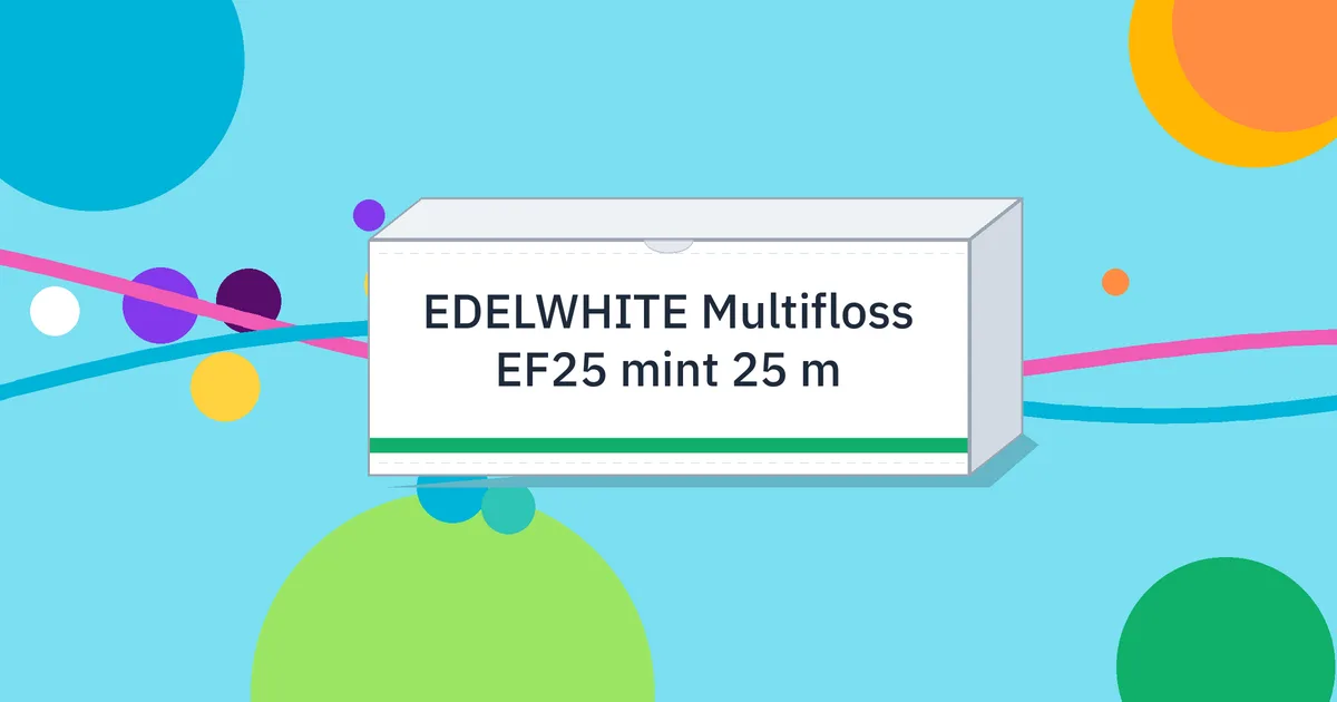 Symbolbild: Packung mit der Aufschrift EDELWHITE Multifloss EF25 mint 25 m (PZN 06847720) – Verfügbarkeit und Bezug in Apotheken in Frankfurt am Main