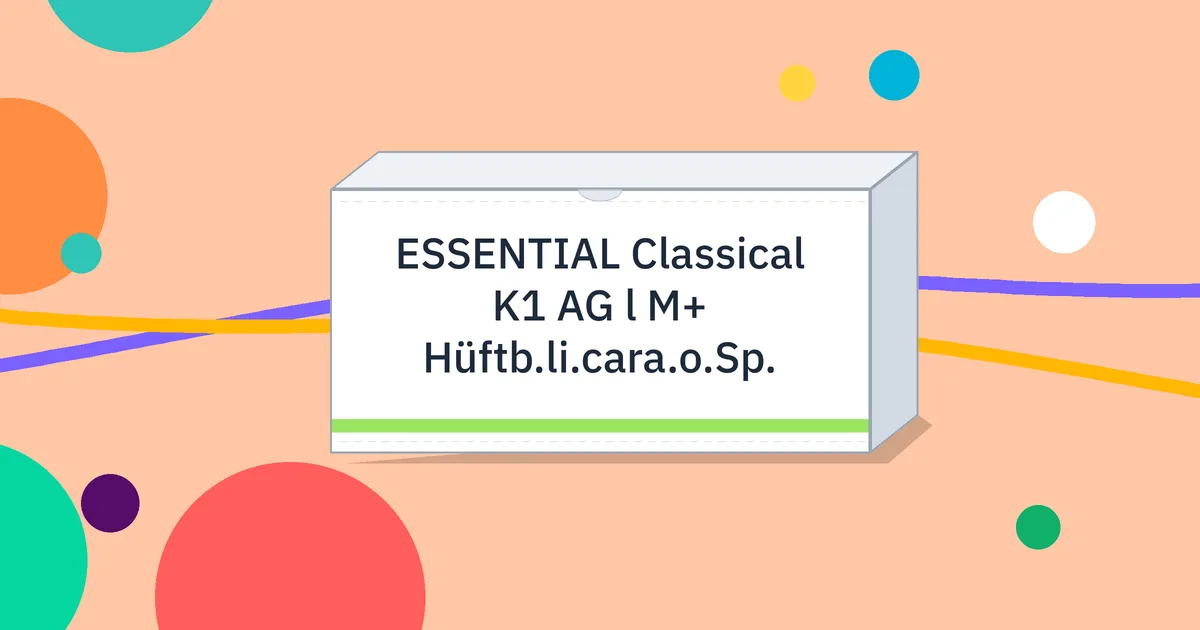 Symbolbild: Packung mit der Aufschrift ESSENTIAL Classical K1 AG l M+ Hüftb.li.cara.o.Sp. (PZN 17011485) – Verfügbarkeit und Bezug in Apotheken in Frankfurt am Main