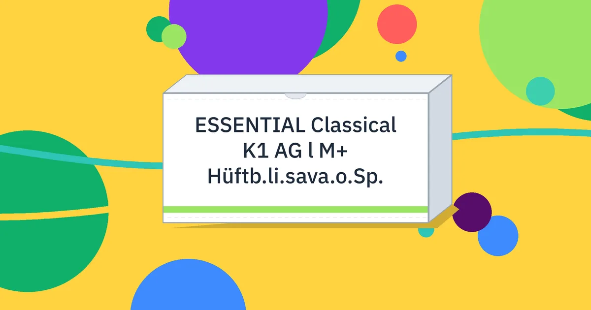 Symbolbild: Packung mit der Aufschrift ESSENTIAL Classical K1 AG l M+ Hüftb.li.sava.o.Sp. (PZN 17012651) – Verfügbarkeit und Bezug in Apotheken in Frankfurt am Main